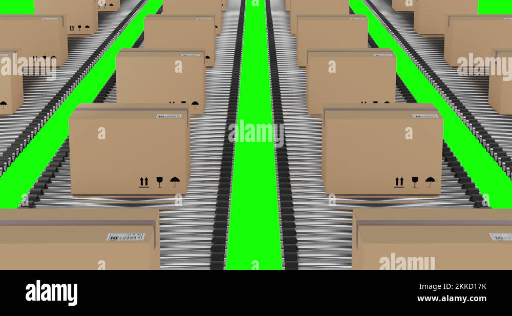 Rows of cardboard packing boxes moving on conveyor belts with green ...