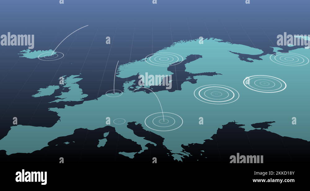 Blue map of europe with radiating white concentric circles spreading ...