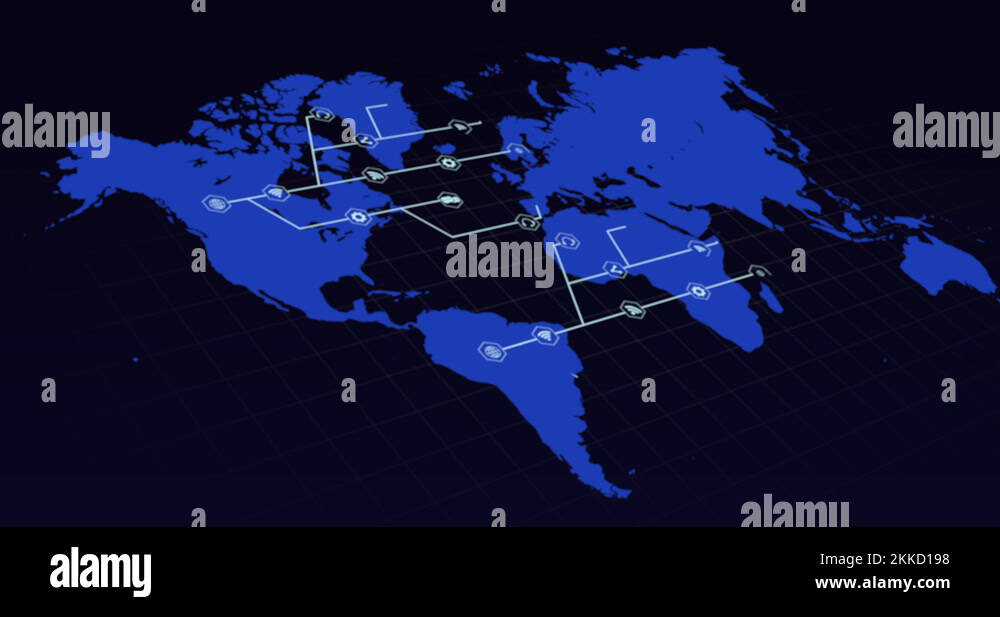 Blue world map with growing white network of connected icons on black ...