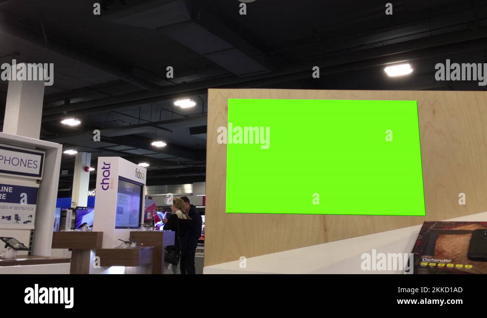 Display board shape with a green screen inside the electrical store ...