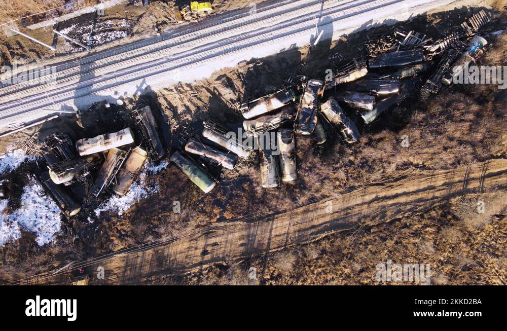 A train wreck on the railway, scattered tanks, electric wires are ...