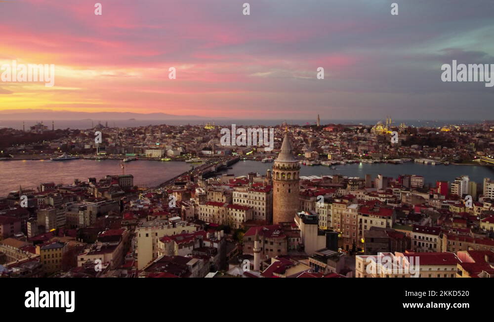Turkey's largest city at dawn. Aerial view of Galata tower in Istanbul ...