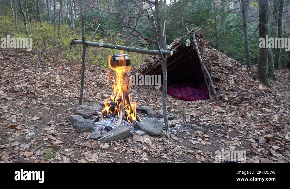 Cottagecore: Bushcraft Survival Shelter Debris hut with Pot Hanger and ...