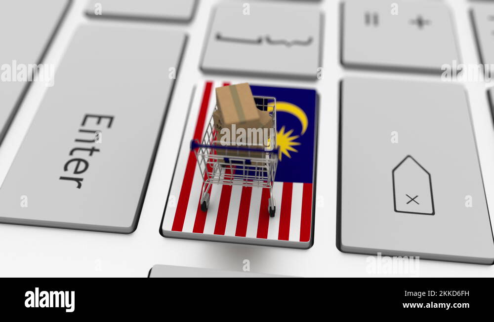 Cartons with MADE IN MALAYSIA text and shopping cart on the computer ...