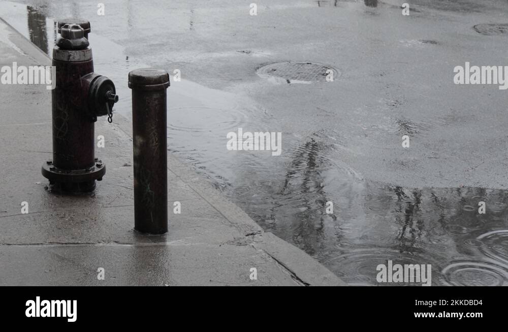 Street bollard and Fire hydrant on the edge of the sidewalk being ...