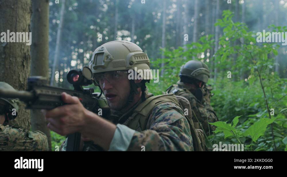 Soldiers holding rifles ambushed in dense fores during day time ...