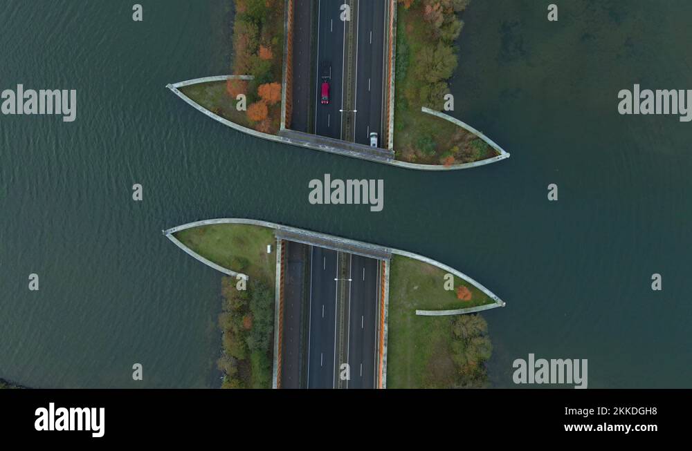 Aquaduct Veluwemeer optical illusion areal top down shot cars drive ...