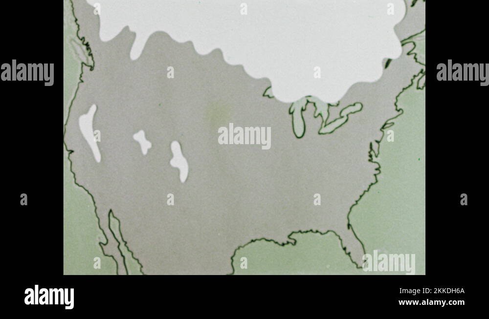 1950s: Animated map of United States, ice moves across map. Pan across ...