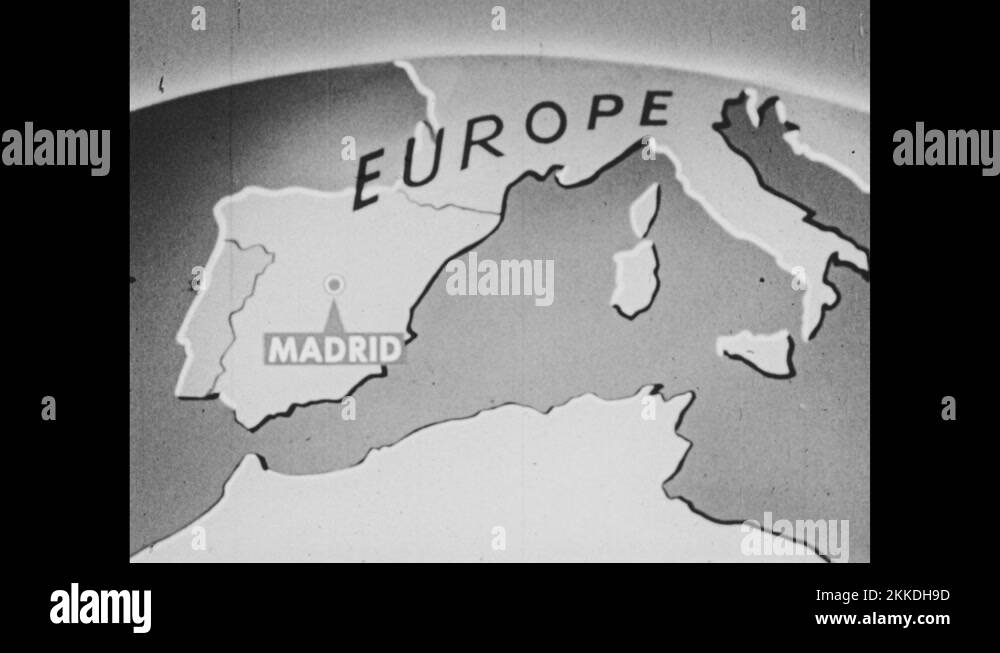 1960s: Map of Europe with Madrid highlighted. Pyrenees mountains on map ...