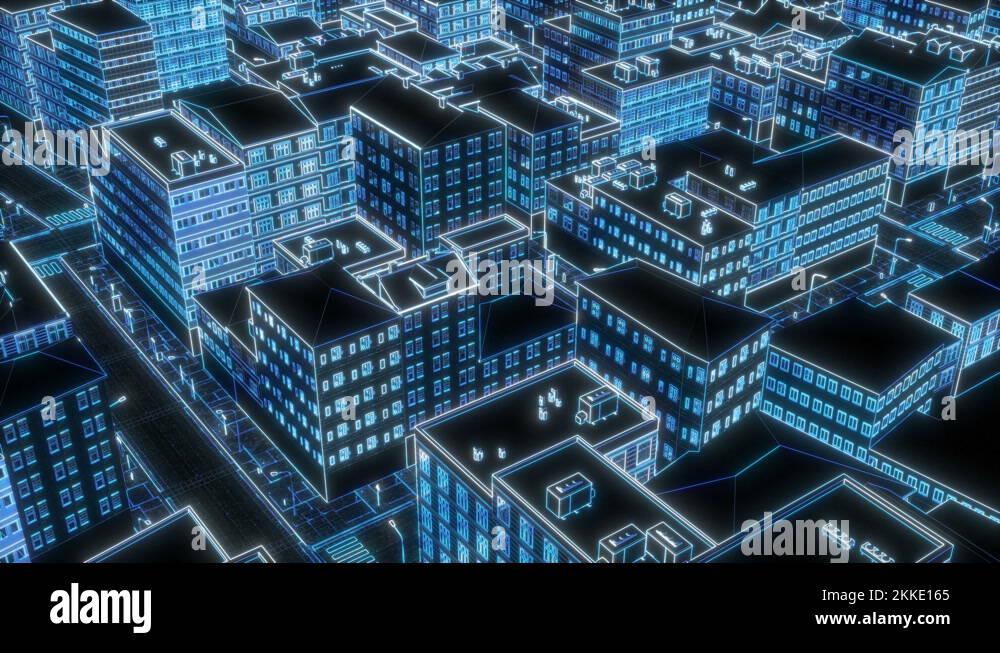 Modern 3d city line blue neon Futuristic town skyline Digital design ...