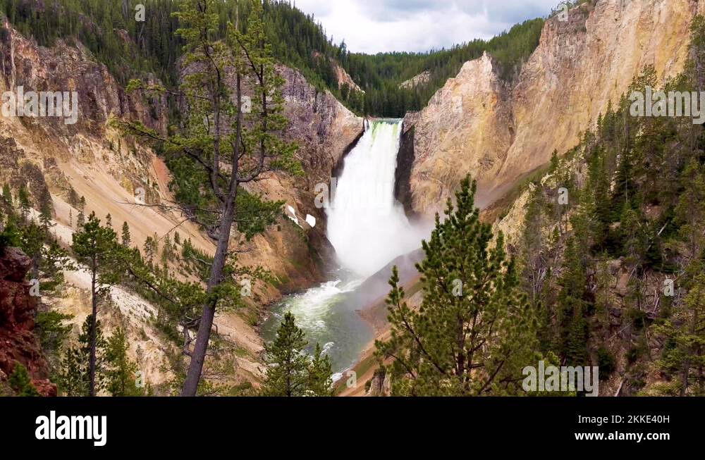 Stunning static wide view of huge waterfalls and river water flowing ...