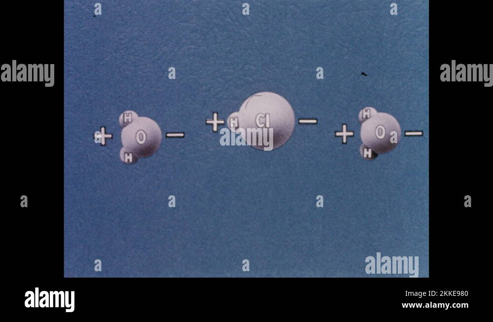 1950s: water molecules breaking apart bonds of HCl molecule Stock Video ...