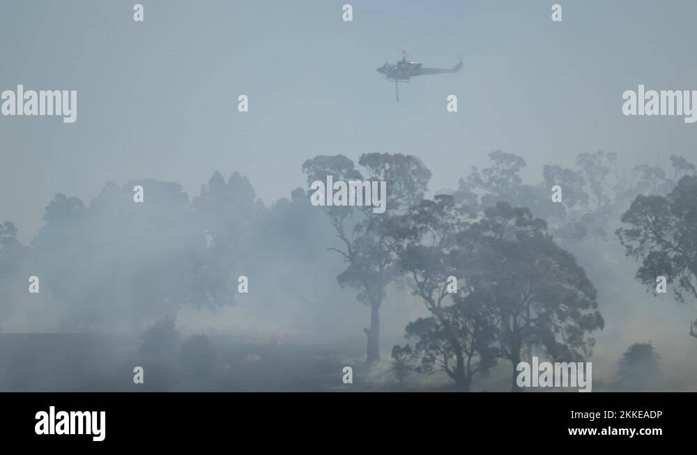 Helicopter flying low through thick smoke above tree tops and bush fire ...