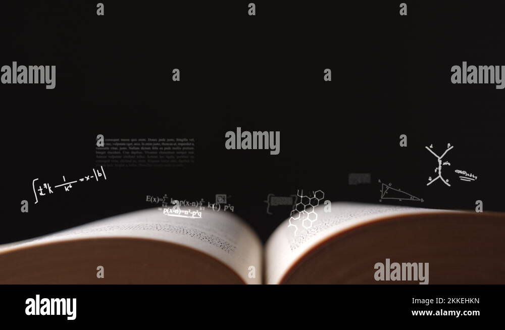 Texts, formulas and equations float over textbook against black Stock Video Footage - Alamy