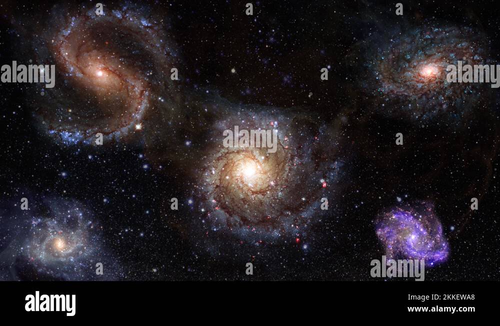 Spiral rotating galaxies in deep space. Flying through interstellar ...