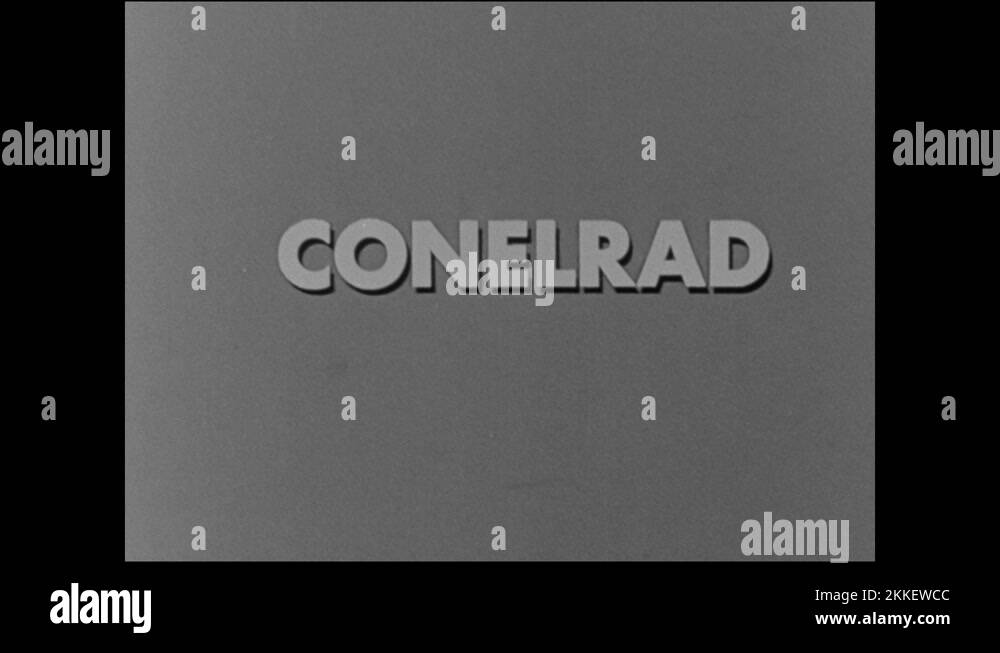 1950s: Caption "CONELRAD" flashes on screen. Drawing of woman with ...