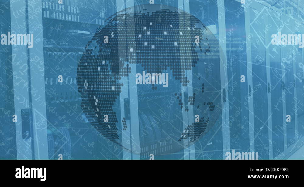 Animation of globe spinning and mathematical data over tech room with ...