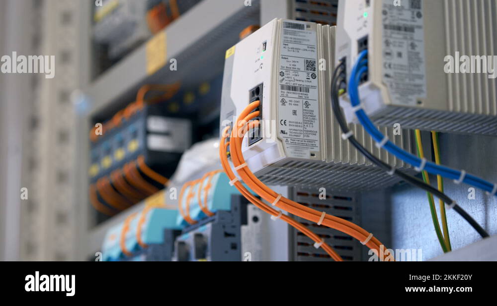 Electrical panel with many wires, electrical parts, automatic switches ...
