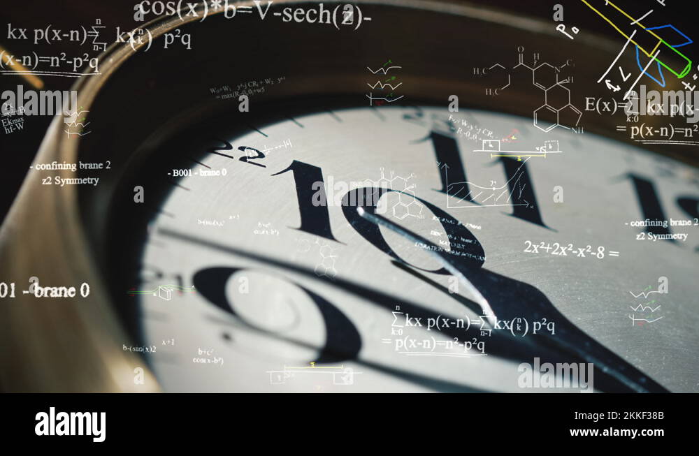 Close-up of face of clock with formulas, equations, and math symbols ...