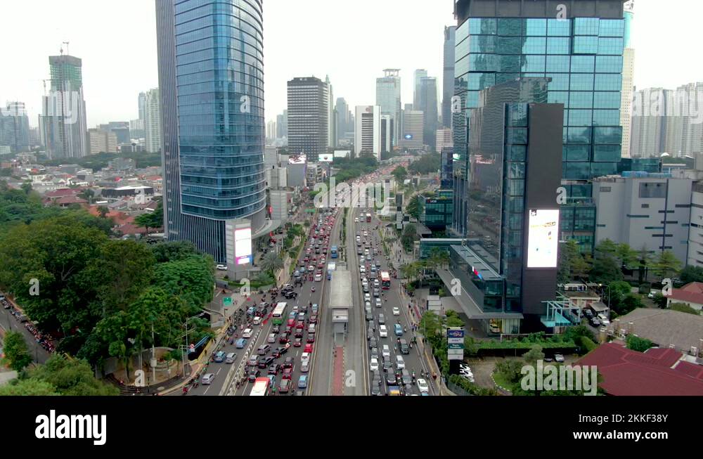 Traffic jam during rush hours in Jakarta, Indonesia, aerial panorama ...