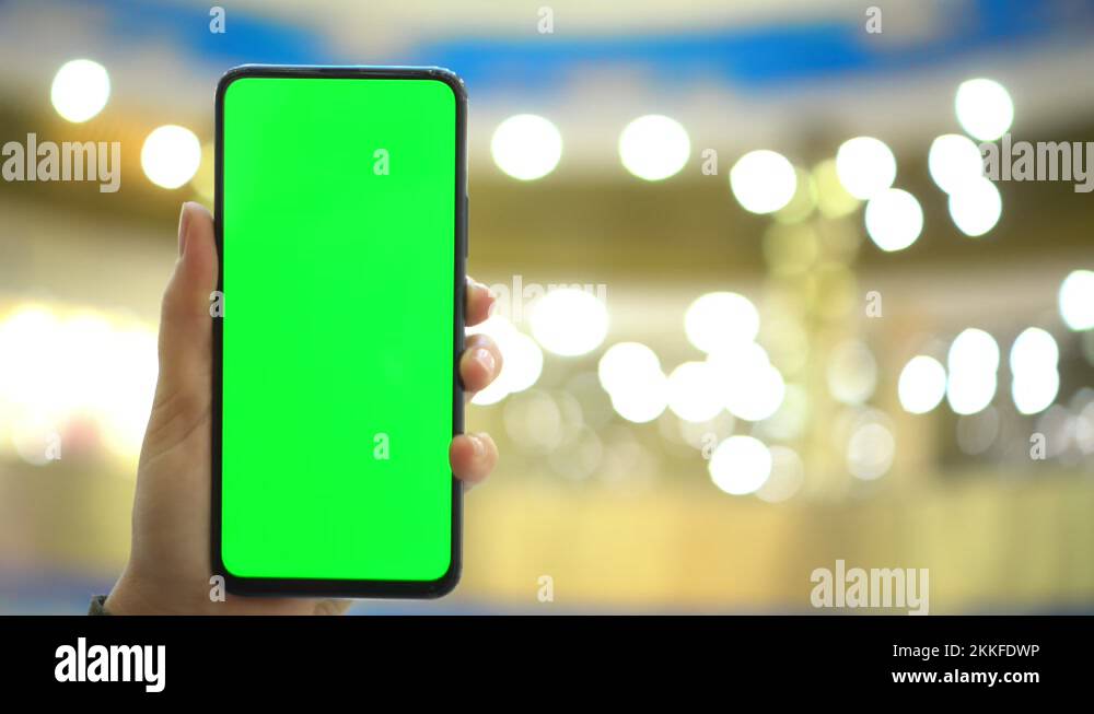 Handless csmera: Back view of female holding chroma key green screen ...