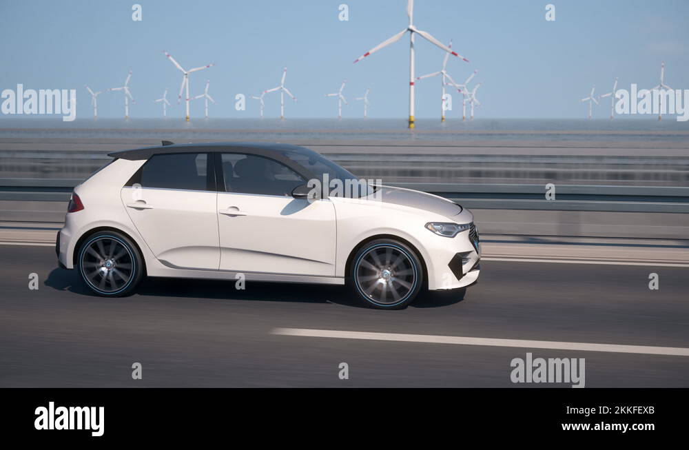 Side view of a self driving autonomous electric car driving with wind ...