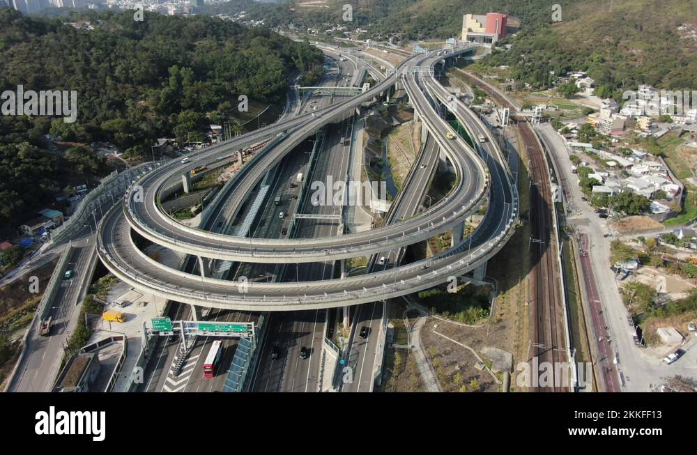 Traffic on a Massive highway interchange with multiple levels and loop ...