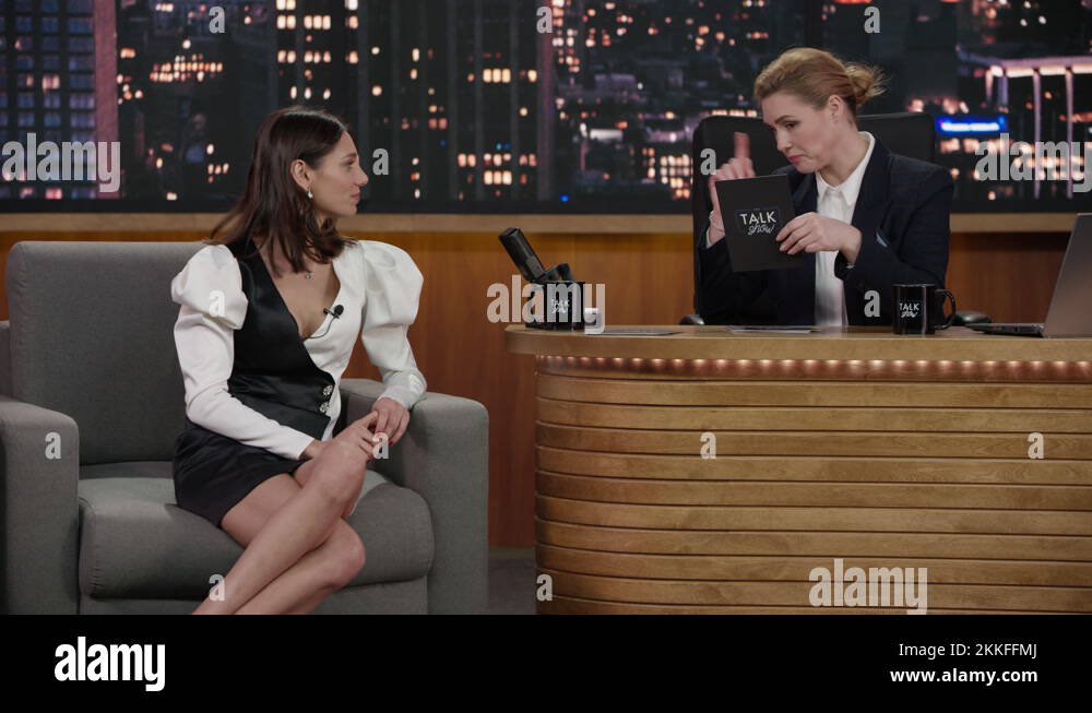 Late-night talk show female host having a conversation with celebrity ...