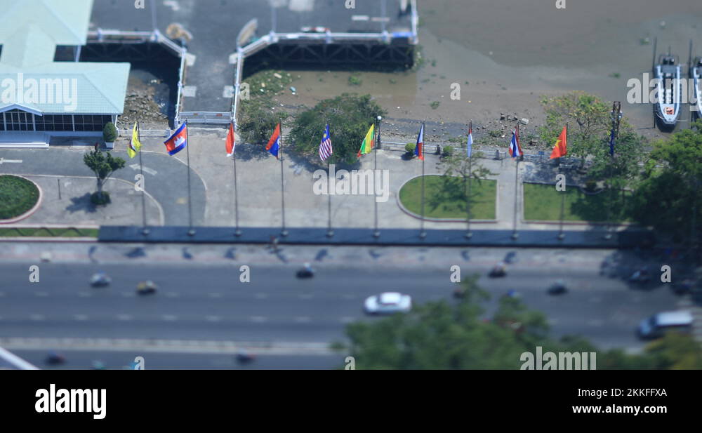 Miniature national flags of ASEAN countries on the city street in Ho ...