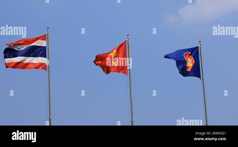 National Flags of ASEAN countries behind the sky in Ho Chi Minh panning ...