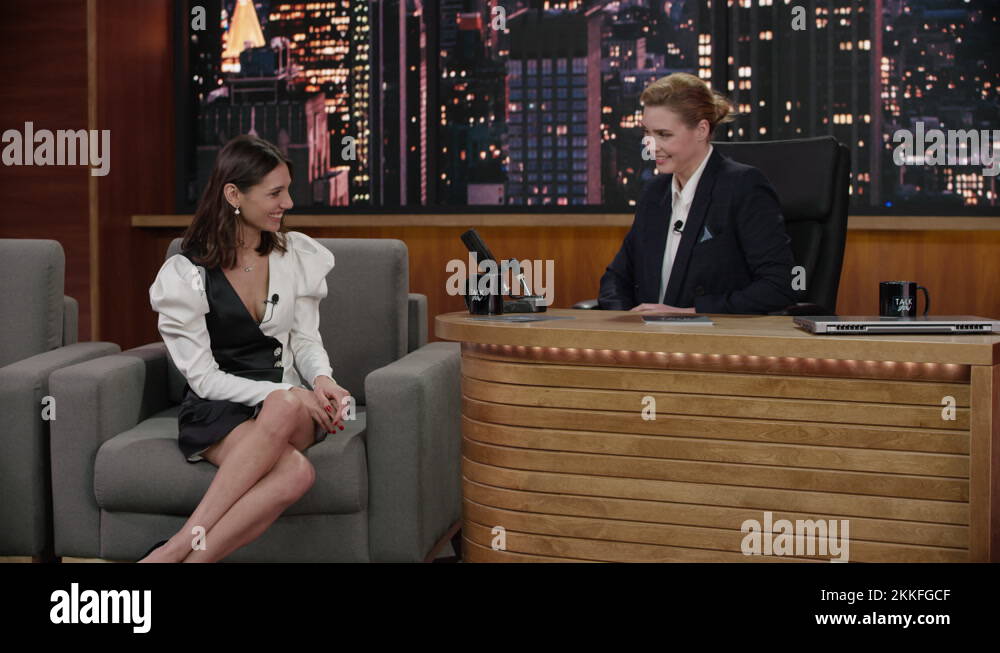 Late-night talk show female host having a conversation with celebrity ...