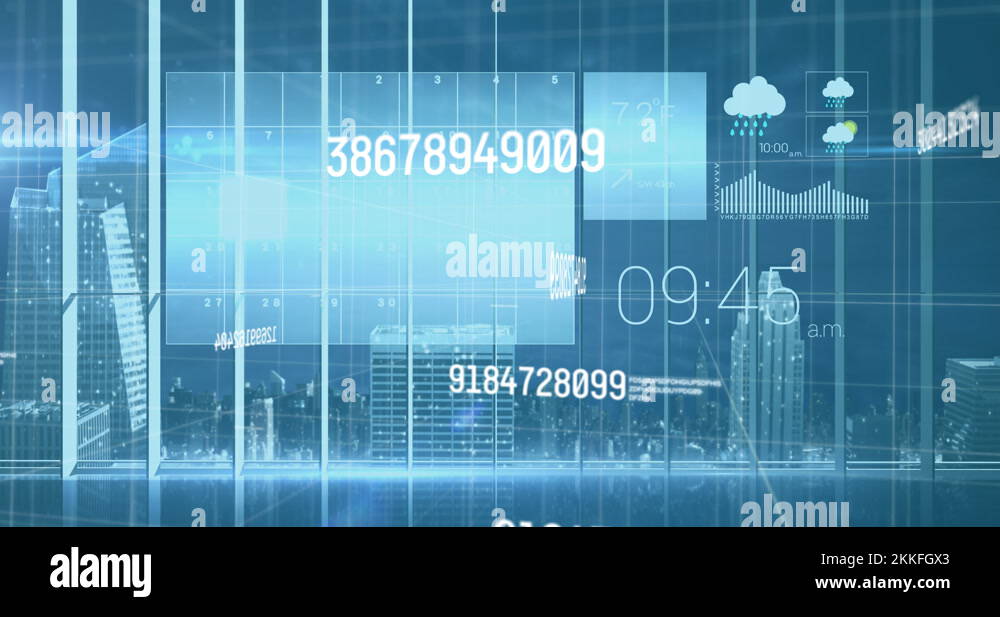 Animation of numbers floating with weather icons over 3d model of a ...