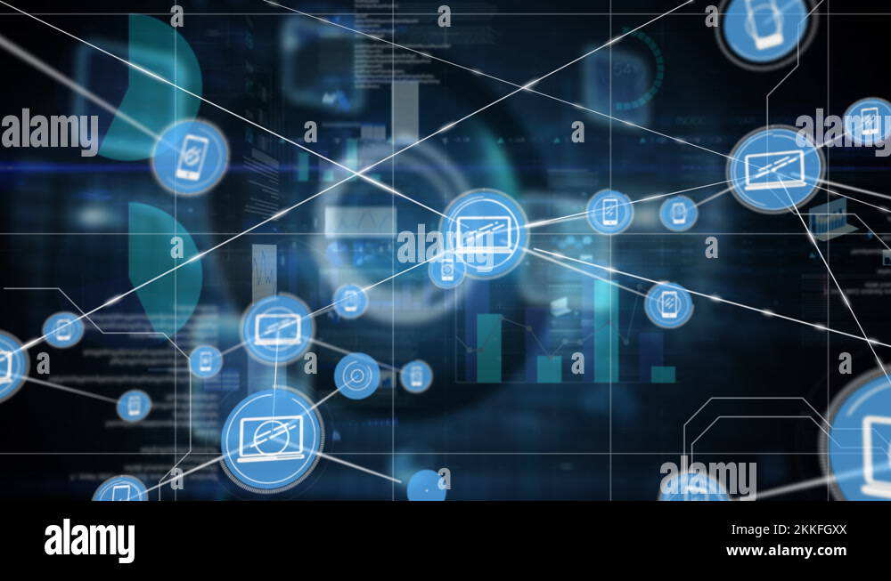 Animation of connected technological icons with data and information ...
