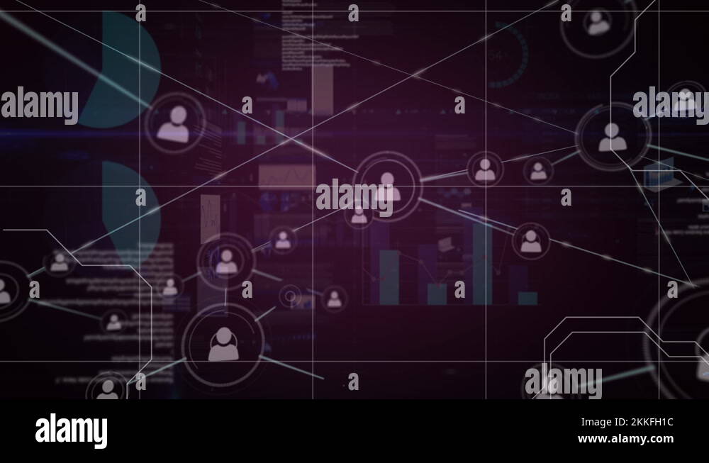 Animation of connected people icons with moving data information and ...