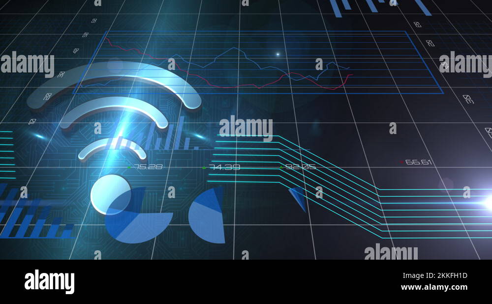Animation of wifi icon with graphs moving on a screen over a grid Stock ...