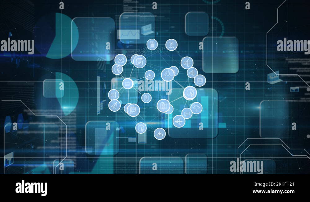 Animation of technological icons expanding with blue squares graphs ...