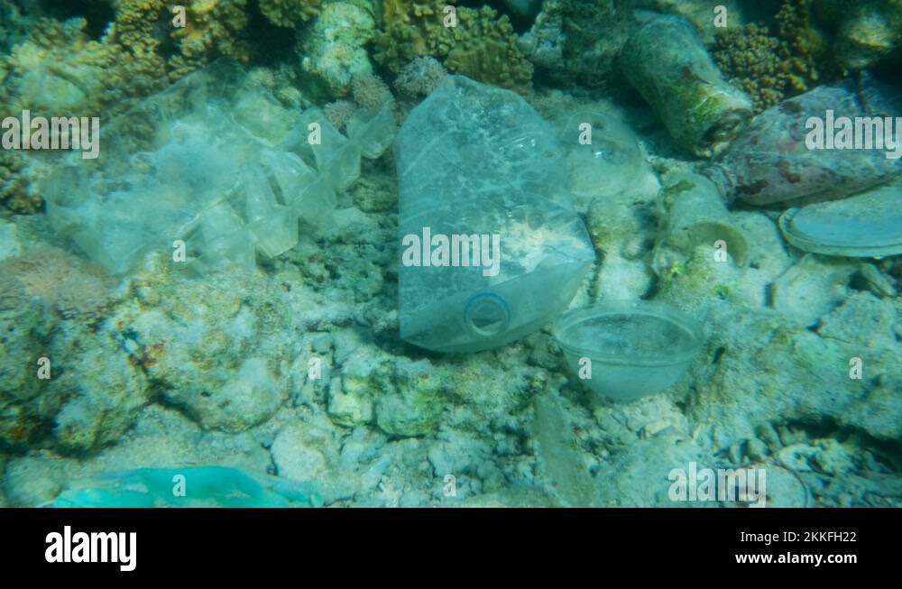 A lot of plastic garbage on corals sea bottom. Plastic pollution of ...