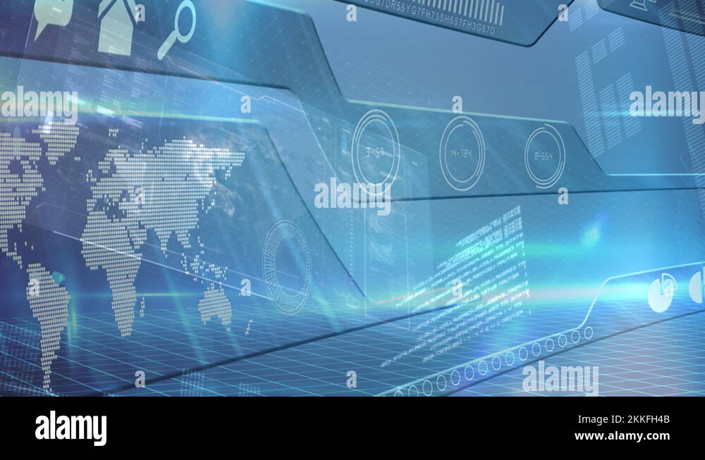 Animation of a website with world map globe spinning and data and ...