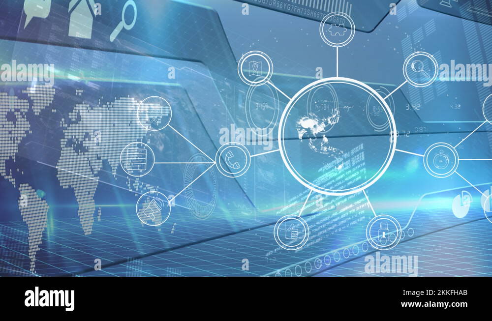 Animation of globe spinning with connected technological icons over a ...