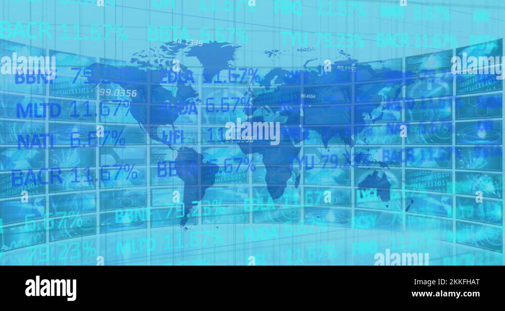 Animation of a blue world map with data and information moving over ...