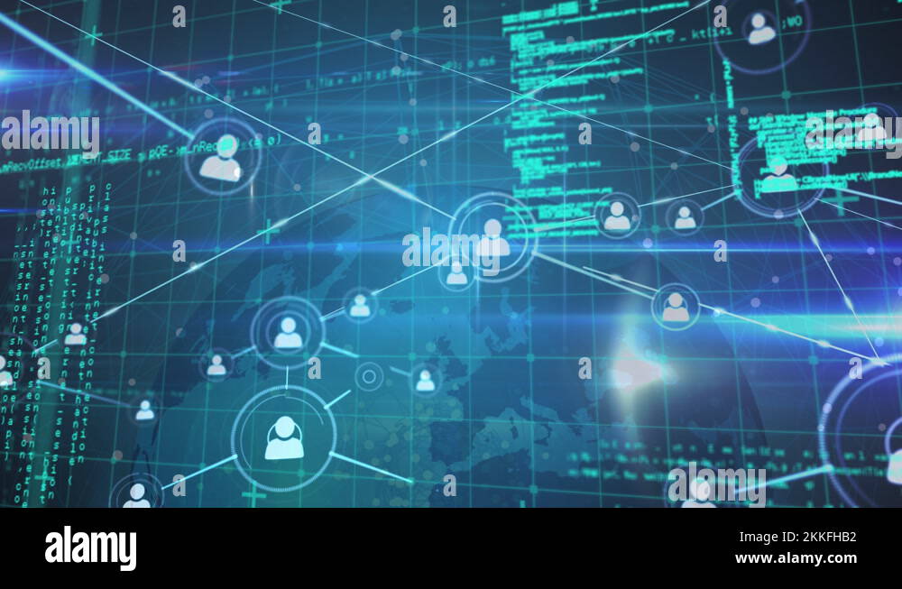 Animation of connected people icons with data and information over a ...