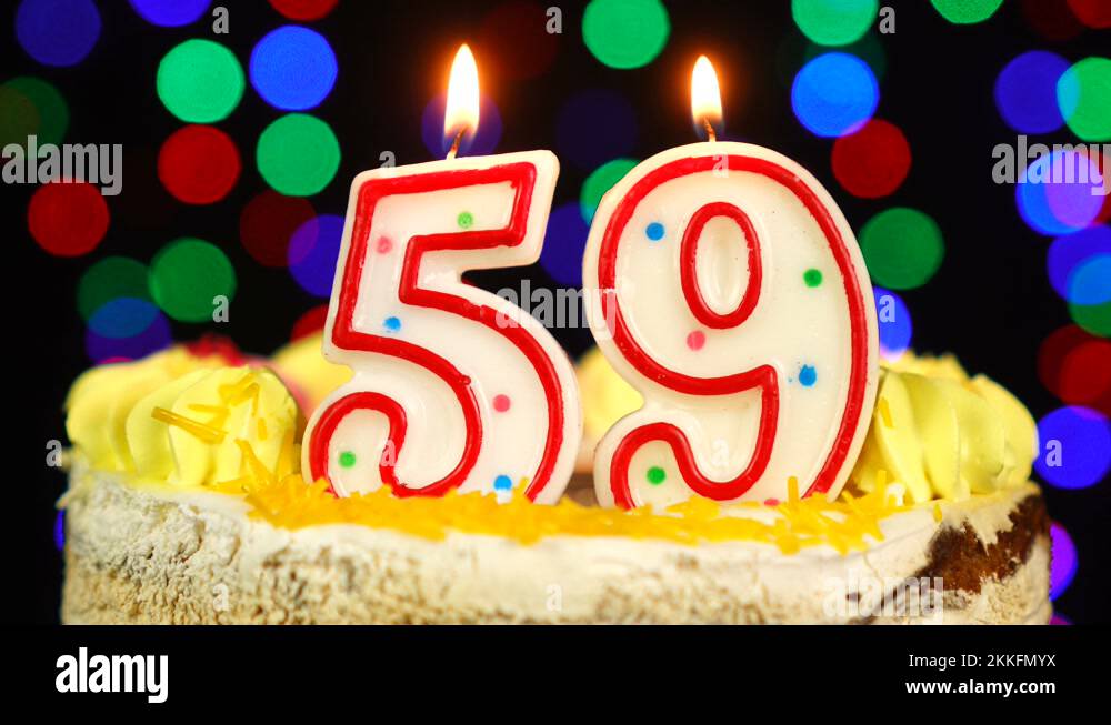 Number 59 Happy Birthday Cake With Burning Candles Topper Stock Video ...