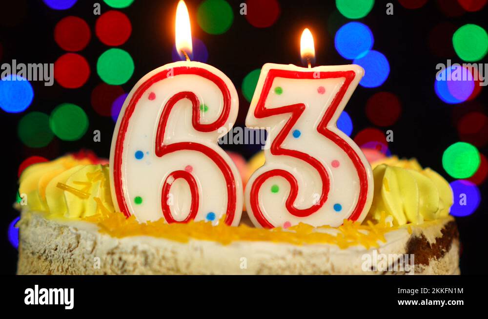 Number 63 Happy Birthday Cake With Burning Candles Topper Stock Video ...