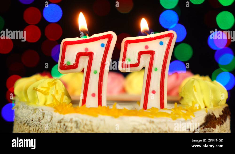 Number 77 Happy Birthday Cake With Burning Candles Topper Stock Video ...