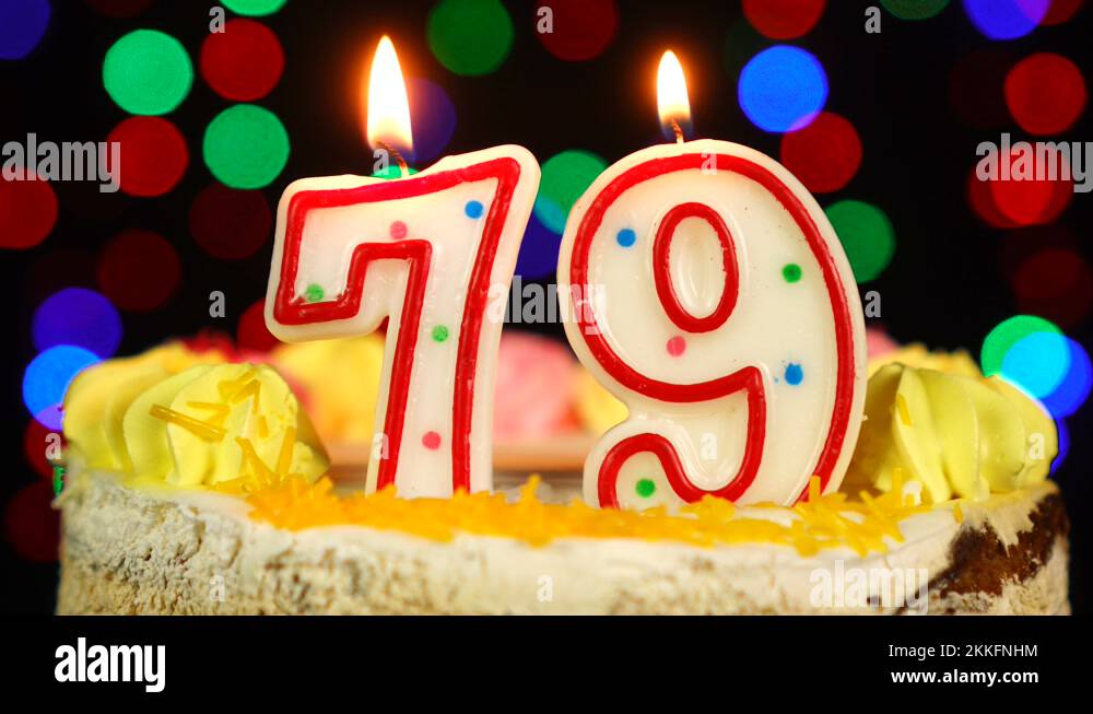 Number 79 Happy Birthday Cake With Burning Candles Topper Stock Video ...