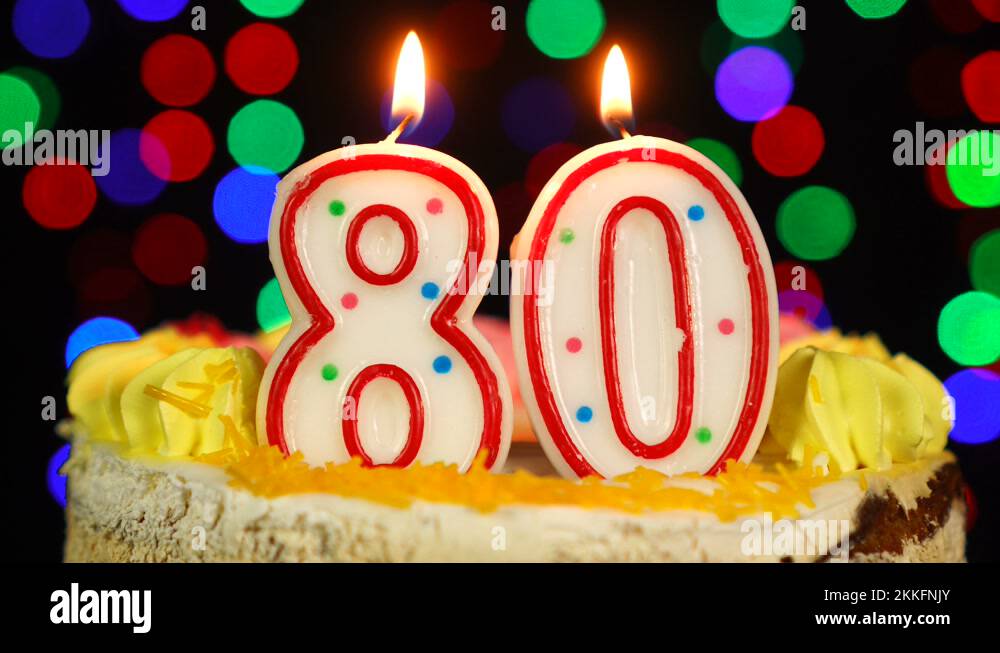 Number 80 Happy Birthday Cake With Burning Candles Topper Stock Video ...