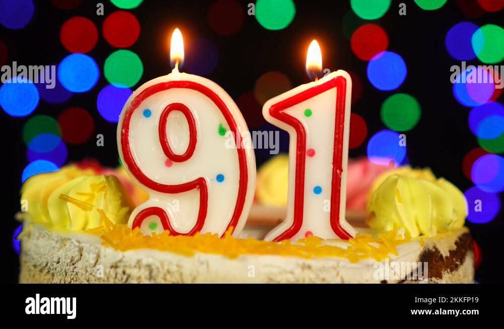 Number 91 Happy Birthday Cake With Burning Candles Topper Stock Video ...