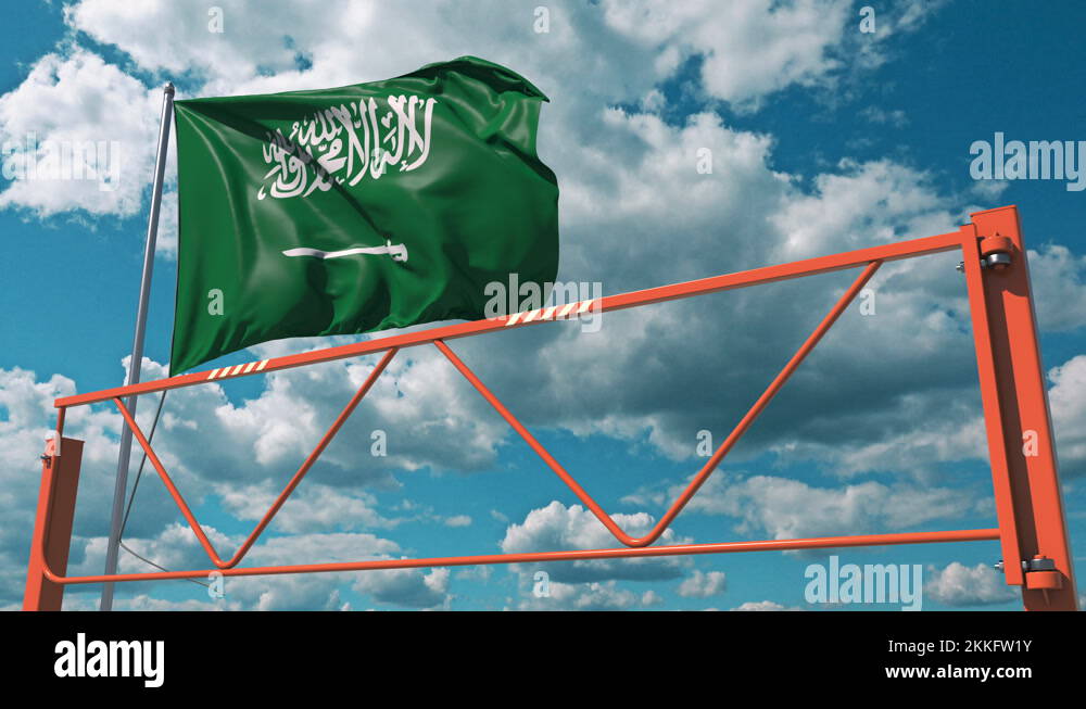 Flag of Saudi Arabia and swing arm barrier. Entry ban conceptual 3d ...