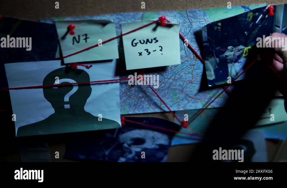 Police Detective Ties Together Clues On Crime Board, Murder Case Stock ...