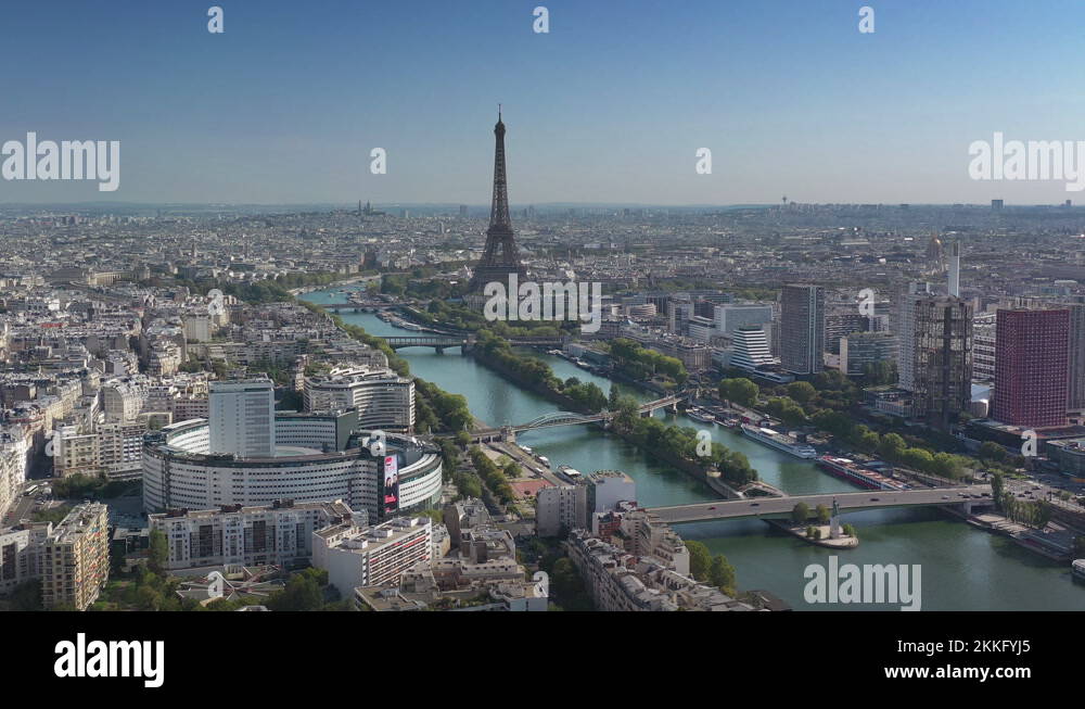 sunny day paris city center famous tower riverside aerial panorama 4k ...